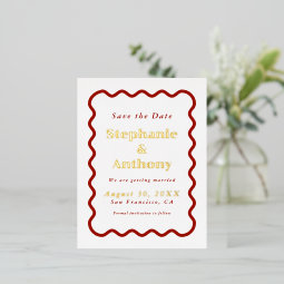 Retro 1950s Wavy Edge Dark Red Wedding Foil Invitation Postcard | Zazzle