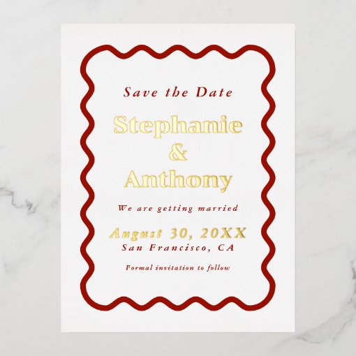 Retro 1950s Wavy Edge Dark Red Wedding Foil Invitation Postcard | Zazzle