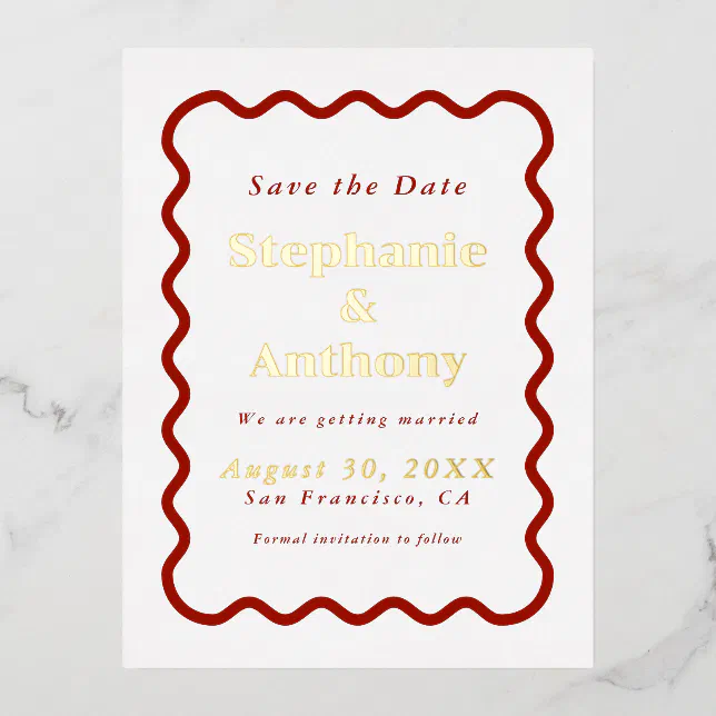 Retro 1950s Wavy Edge Dark Red Wedding Foil Invitation Postcard | Zazzle