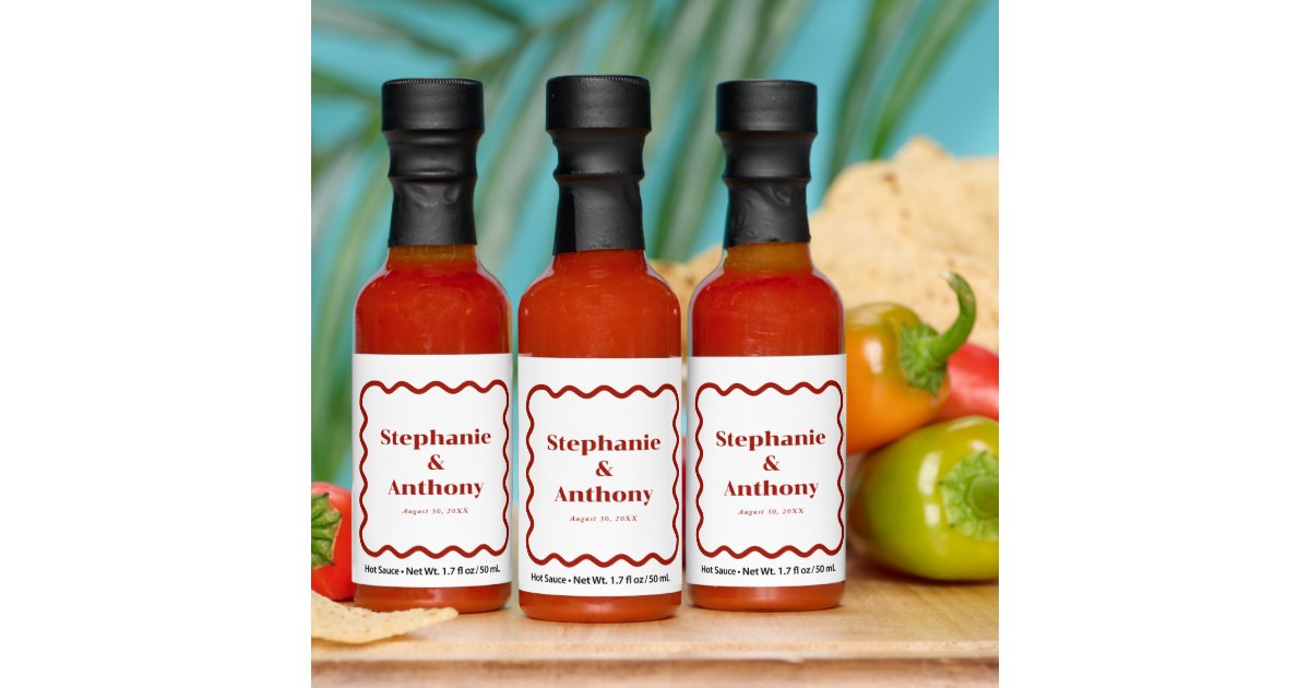 Retro 1950s Wavy Edge Dark Red Wedding Hot Sauces | Zazzle