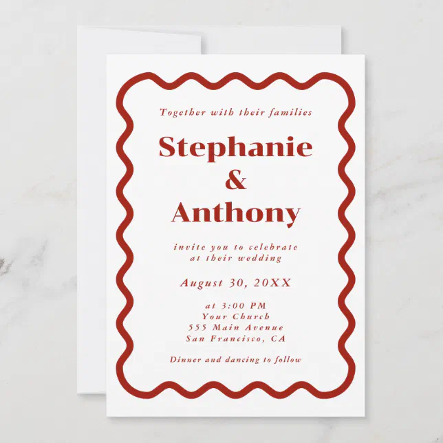 Retro 1950s Wavy Edge Dark Red Wedding Invitation | Zazzle