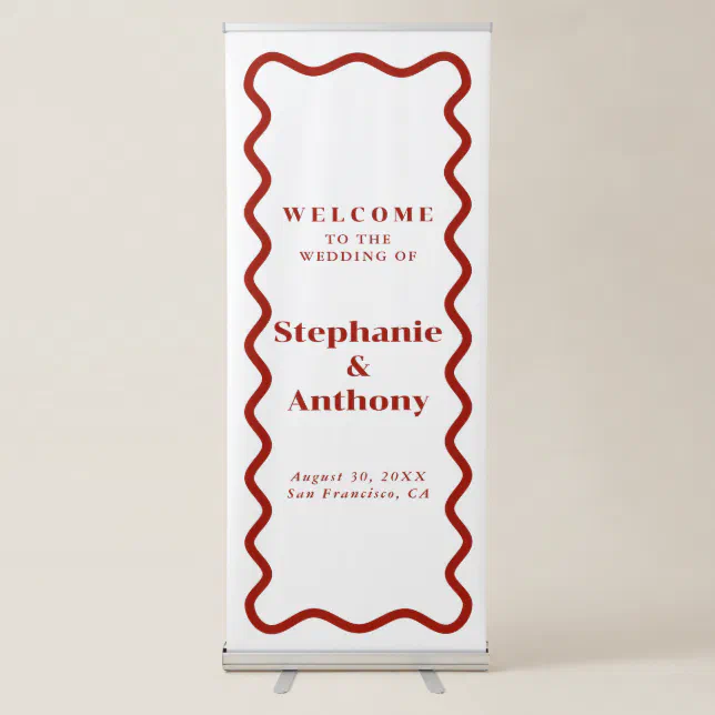 Retro 1950s Wavy Edge Dark Red Wedding Retractable Banner | Zazzle