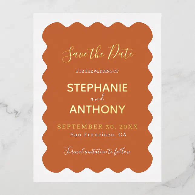 Retro 1950s Wavy Edge Terracotta Wedding Foil Invitation Postcard | Zazzle
