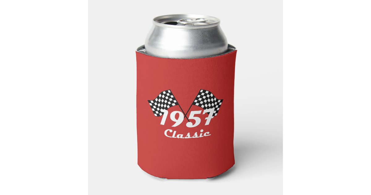 Retro 1957 Classic Black & White Checkered Flag Can Cooler | Zazzle