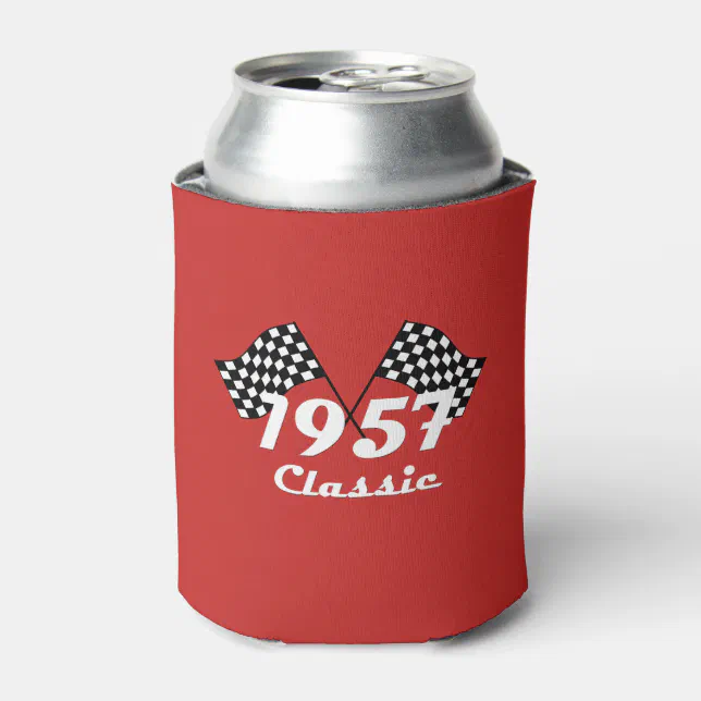 Retro 1957 Classic Black & White Checkered Flag Can Cooler | Zazzle