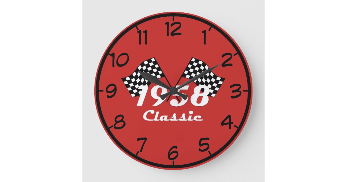Retro 1958 Classic Black & White Checked Race Flag Large Clock | Zazzle
