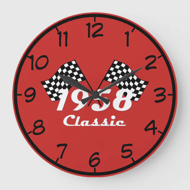 Retro 1958 Classic Black & White Checked Race Flag Large Clock | Zazzle