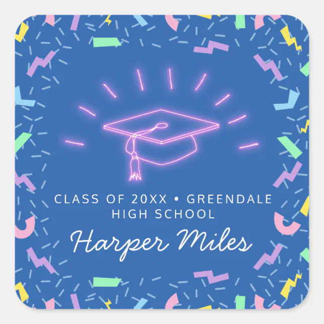 Retro 1980s pink neon graduation hat square sticker | Zazzle