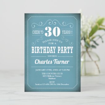 Retro 30th Birthday Party - Blue White Invitation | Zazzle