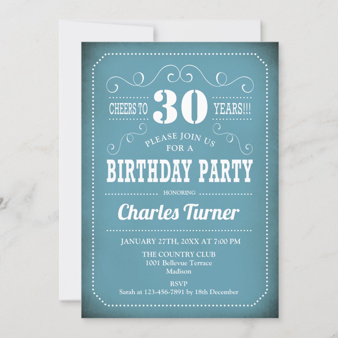 Retro 30th Birthday Party - Blue White Invitation | Zazzle