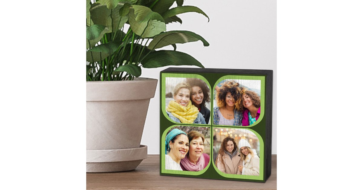 Retro 4 Photo Collage Pinwheel Flower Petal Green Wooden Box Sign | Zazzle