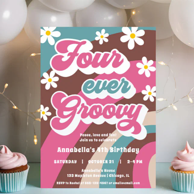 Retro 4th birthday FOUR ever groovy girl Invitation | Zazzle