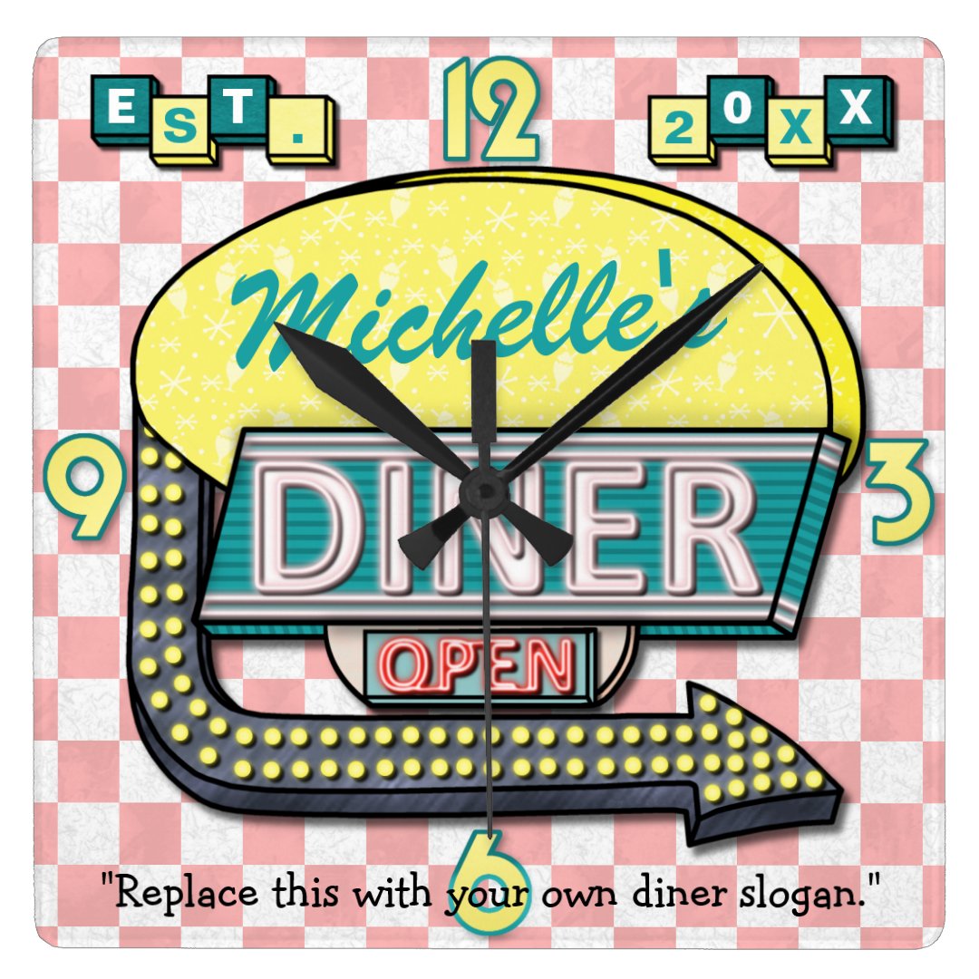 Retro 50's Diner Sign Pink Teal Personalized Name Square Wall Clock ...