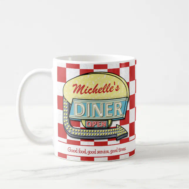 Retro 50's Diner Sign Red Checkered Custom Text Coffee Mug | Zazzle