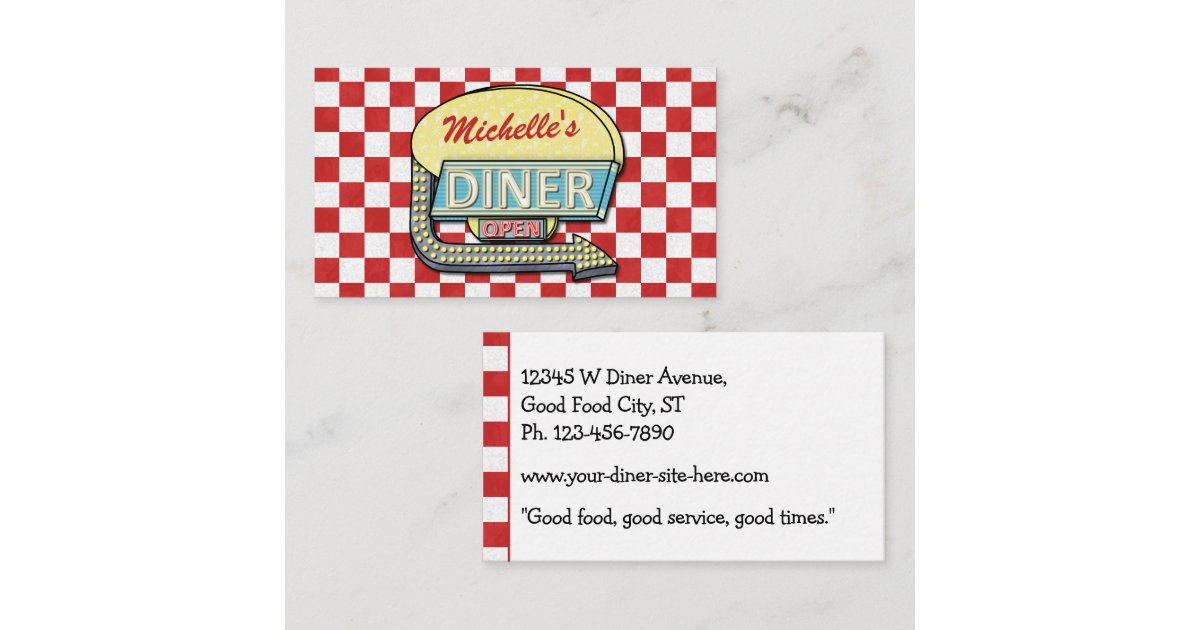 Retro 50's Diner Sign Red Checkered Restaurant Business Card | Zazzle
