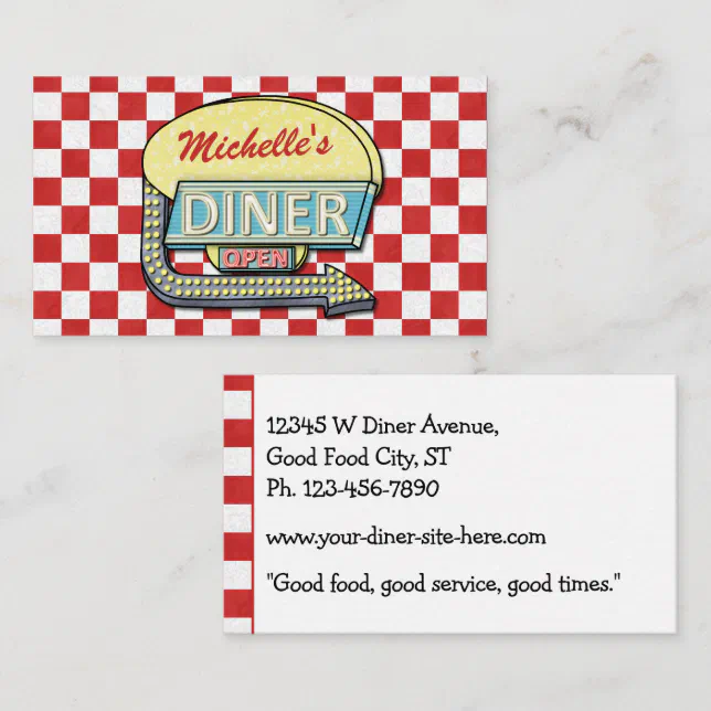 Retro 50's Diner Sign Red Checkered Restaurant Business Card | Zazzle