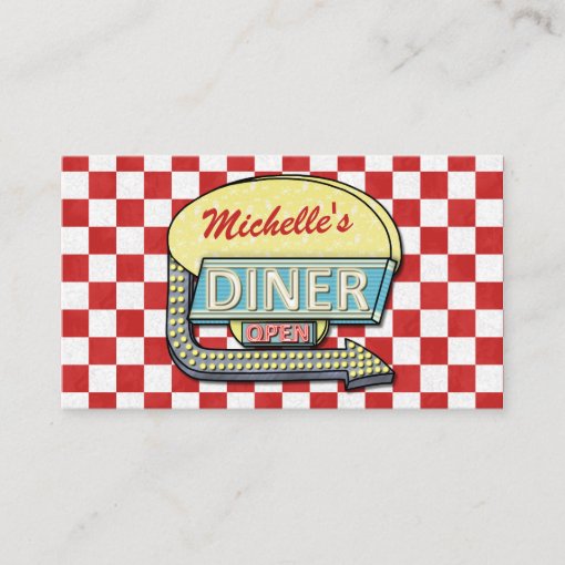 Retro 50's Diner Sign Red Checkered Restaurant Business Card | Zazzle