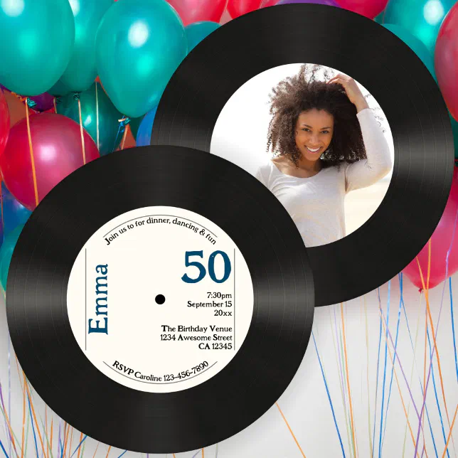 Retro 50th Birthday Photo Faux Vinyl Record Music Invitation | Zazzle