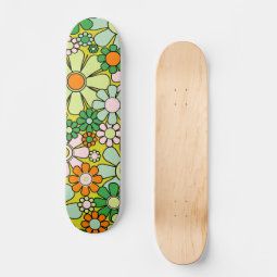 Retro 60s 70s Flowers Spring Green Floral Pattern Skateboard | Zazzle
