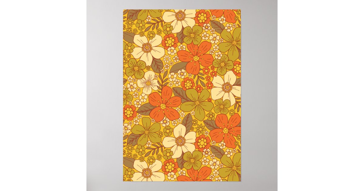 Retro 60s/70s Orange & Olive Green Floral Poster | Zazzle