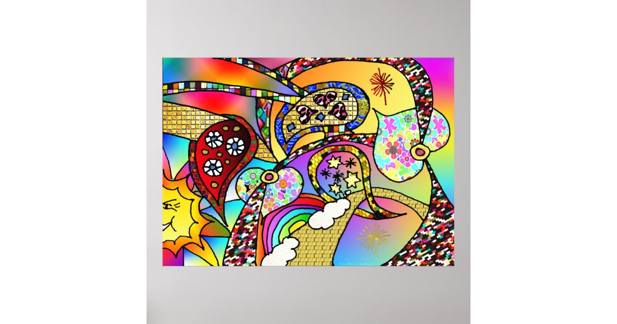 Retro 60s Psychedelic Hearts Paisley Print Poster | Zazzle