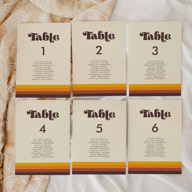 Retro 60s vintage colors seating chart cards | Zazzle