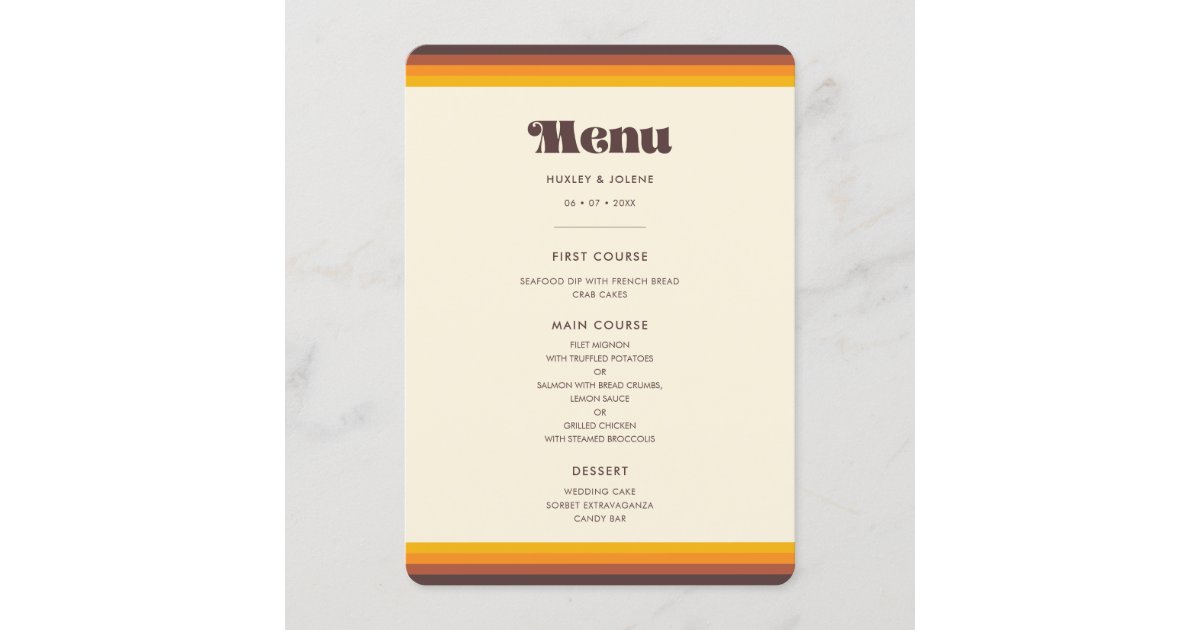 Retro 60s vintage colors wedding menu | Zazzle