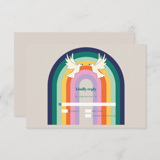 Retro 70s Arch Rainbow Dove RSVP Card | Zazzle