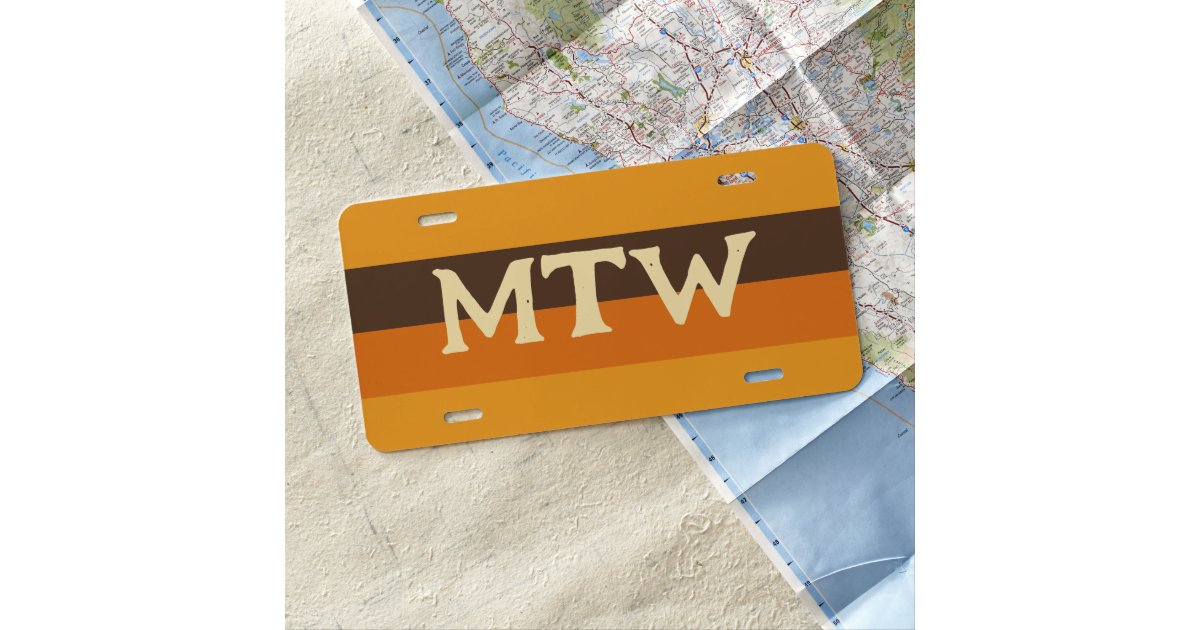 Retro 70s Colors Orange and Brown Stripes Monogram License Plate | Zazzle