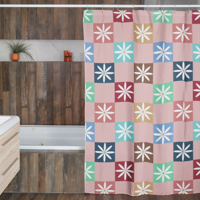 Retro 70s Daisy Checker Board Pattern Shower Curtain | Zazzle