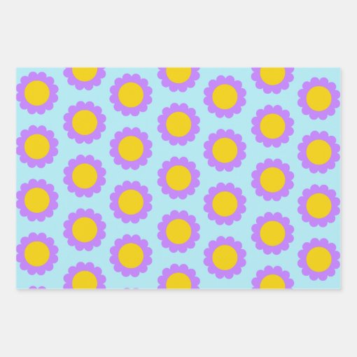 Retro 70s Floral Pattern in Blue Purple and Yellow Wrapping Paper ...