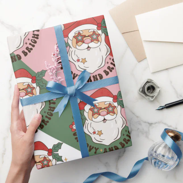 Retro 70s Groovy and Bright Santa Claus Wrapping Paper | Zazzle