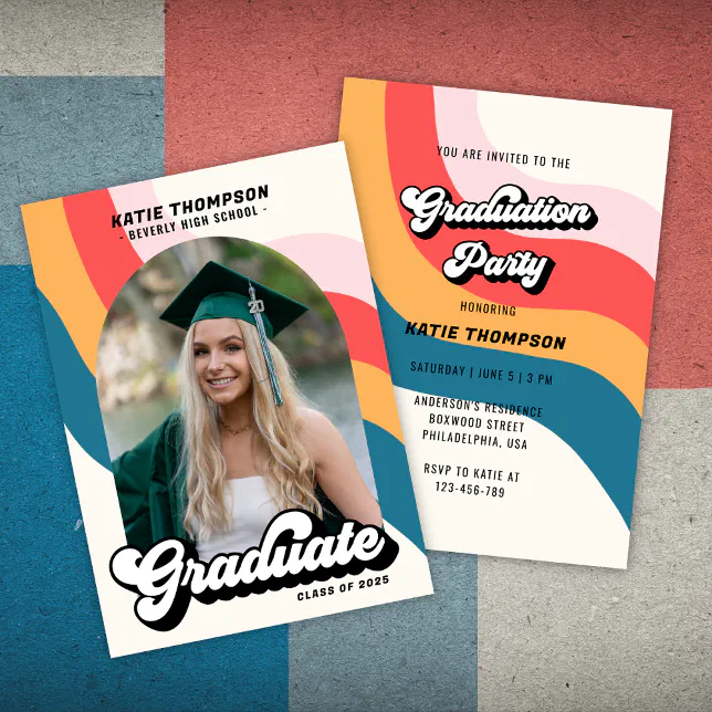 Retro 70s Groovy Modern Arch Photo Graduation Invitation | Zazzle