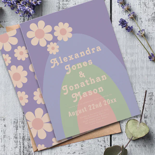 Retro 70s Groovy Pastel Colors Wedding Invitation | Zazzle