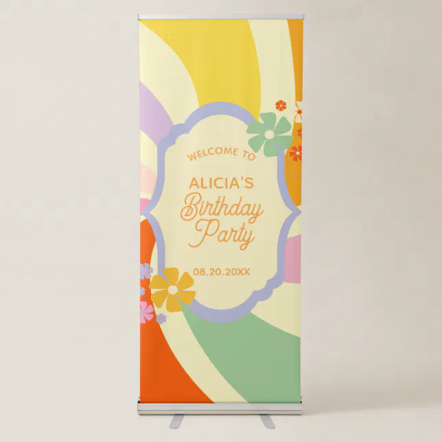 Retro 70s Groovy Wave Flower Birthday Welcome Retractable Banner | Zazzle