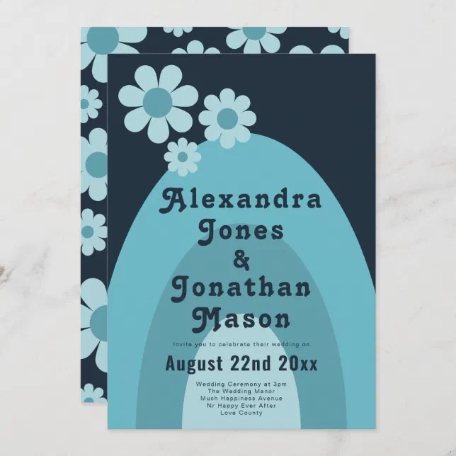 Retro 70s Modern Blue Wedding Invitation | Zazzle