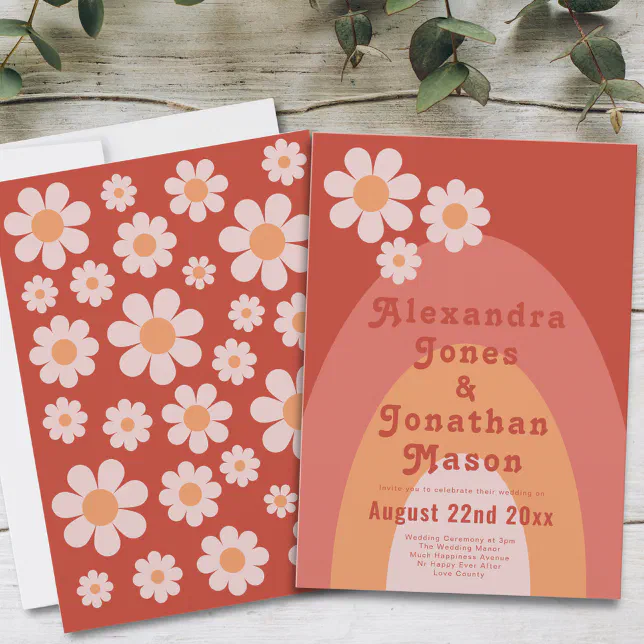 Retro 70s Modern Peach Wedding Invitation | Zazzle