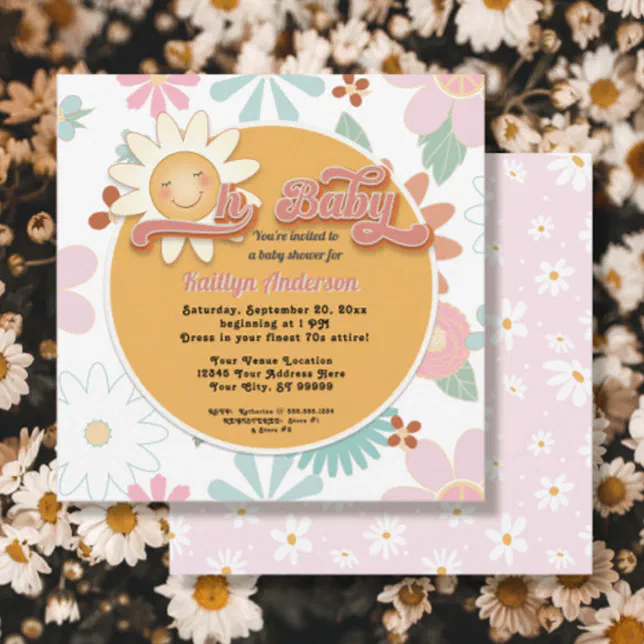 Retro 70s Oh Baby Daisy Pink Peach Girl Shower Invitation | Zazzle