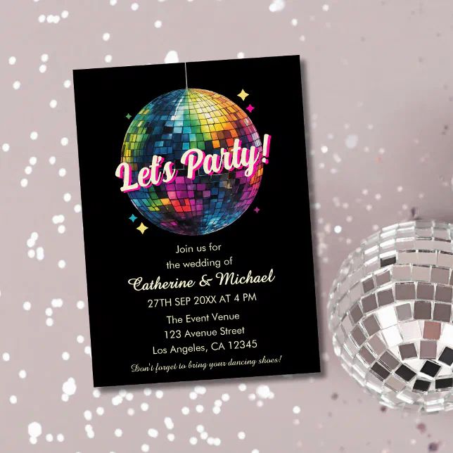 Retro 70's Party Disco Ball Sparkle Glam Wedding Invitation | Zazzle