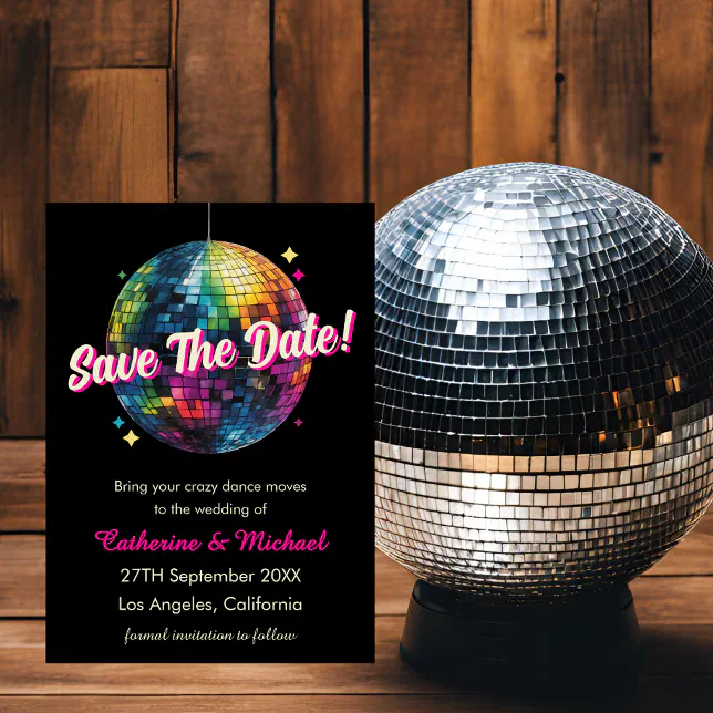 Retro 70's Party Disco Ball Sparkle Glam Wedding Save The Date | Zazzle