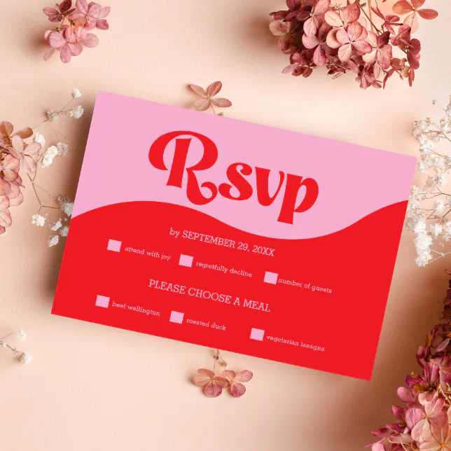 Retro 70s Pink and Red Neon Wedding RSVP Card | Zazzle