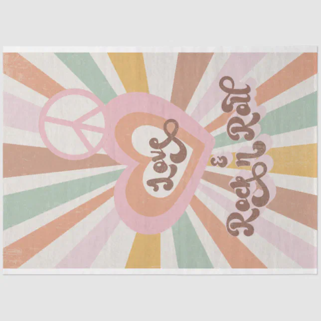 Retro 70s Pink Peace Love Rock n Roll Decoupage Tissue Paper | Zazzle