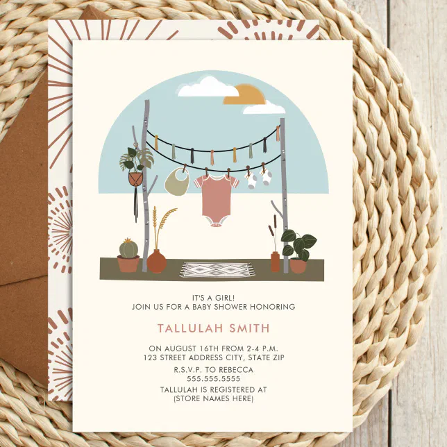 Retro 70s Plants Clothesline Baby Shower Girl Invitation | Zazzle