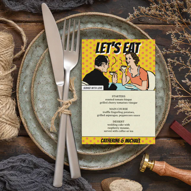 Retro 70's Pop Art Comic Book Fun Wedding Menu | Zazzle