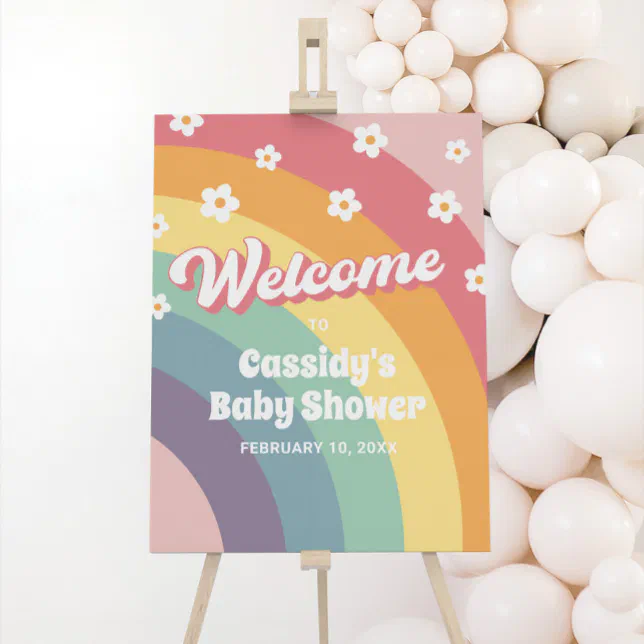 Retro 70s Rainbow Daisy Baby Shower Welcome Sign | Zazzle
