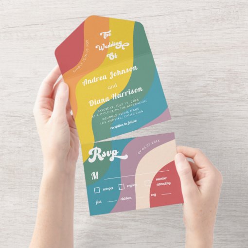 Retro 70s Rainbow Waves LGBTQ Gay Pride Wedding All In One Invitation ...