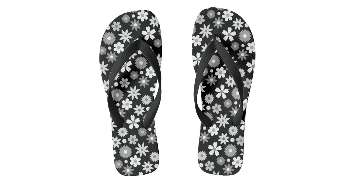 Retro 70s Style Flower Monochrome Rpt Pattern Flip Flops | Zazzle