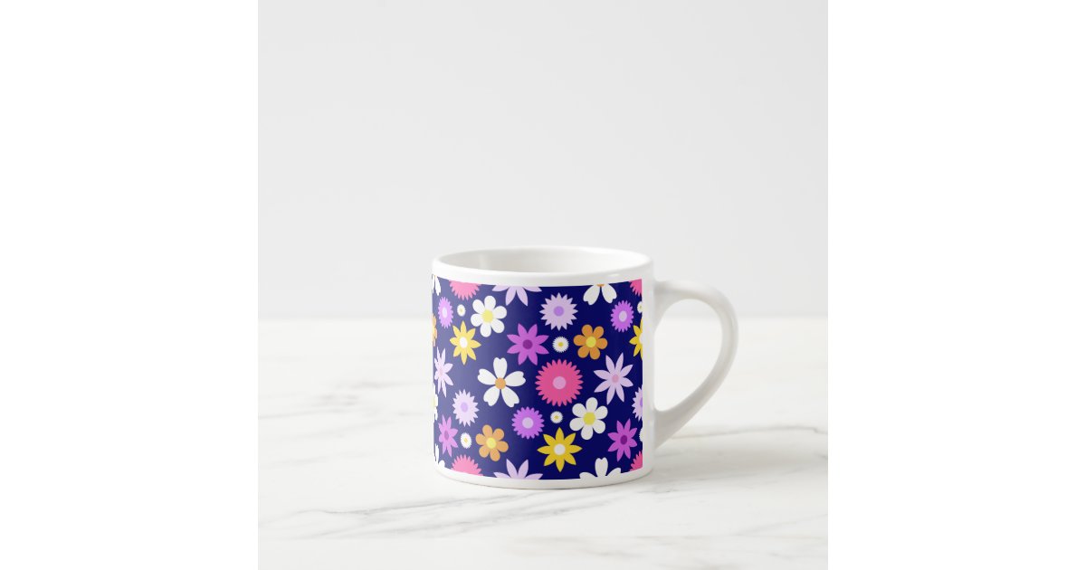 Retro 70s Style Flower Pattern on Dark Blue Espresso Cup | Zazzle