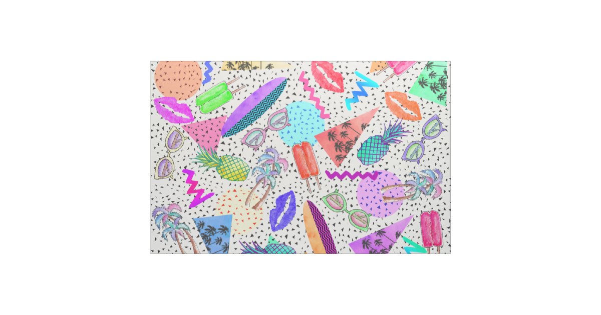 Retro 80's 90's Summer Beach Collage Pattern Fabric | Zazzle