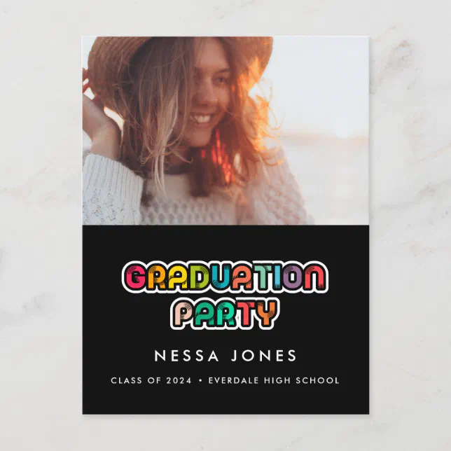 Retro 80s colorful graduation party photo postcard | Zazzle